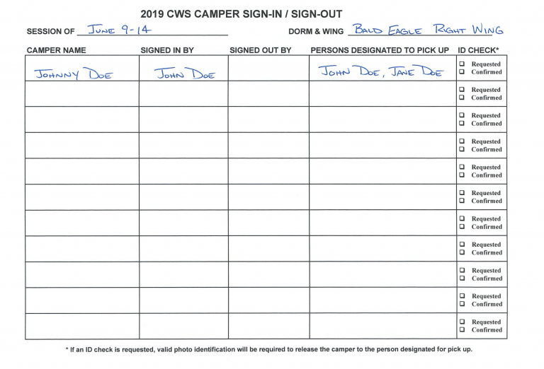 Camper Sign-in & Sign-out – Camp Willow Springs